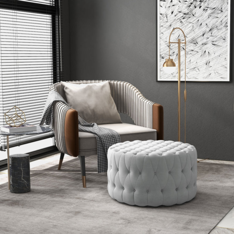 Button Tufted Ottoman Foot Stool With Velvet Feel Upholstery Gray